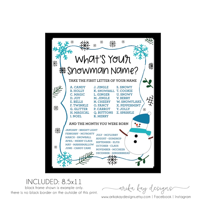 What's Your Snowman Name Printable, DOWNLOAD, Christmas Holiday Party ...