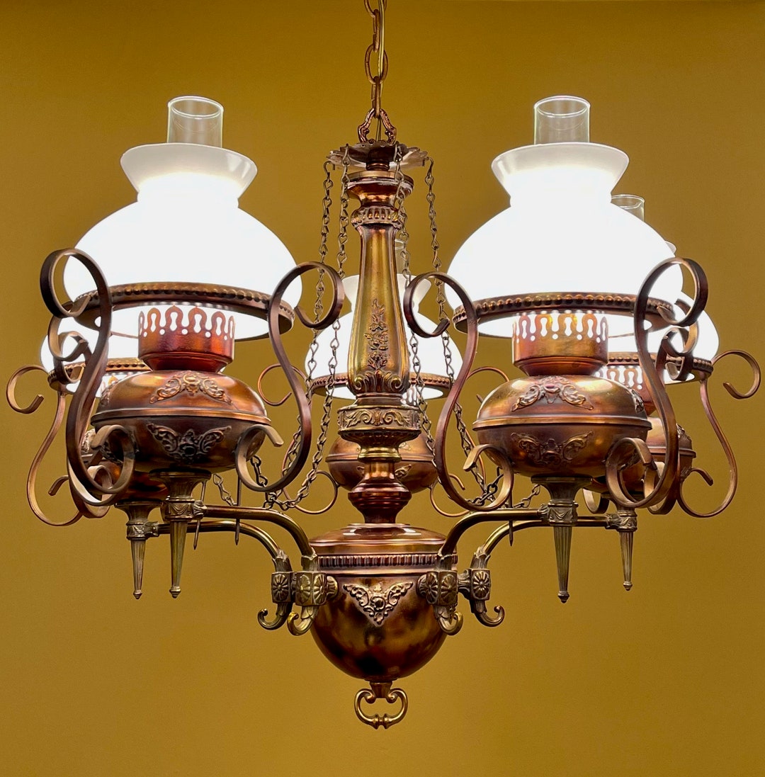 Vintage Lighting 1950s Kerosene Style LARGE Coppery Chandelier ...