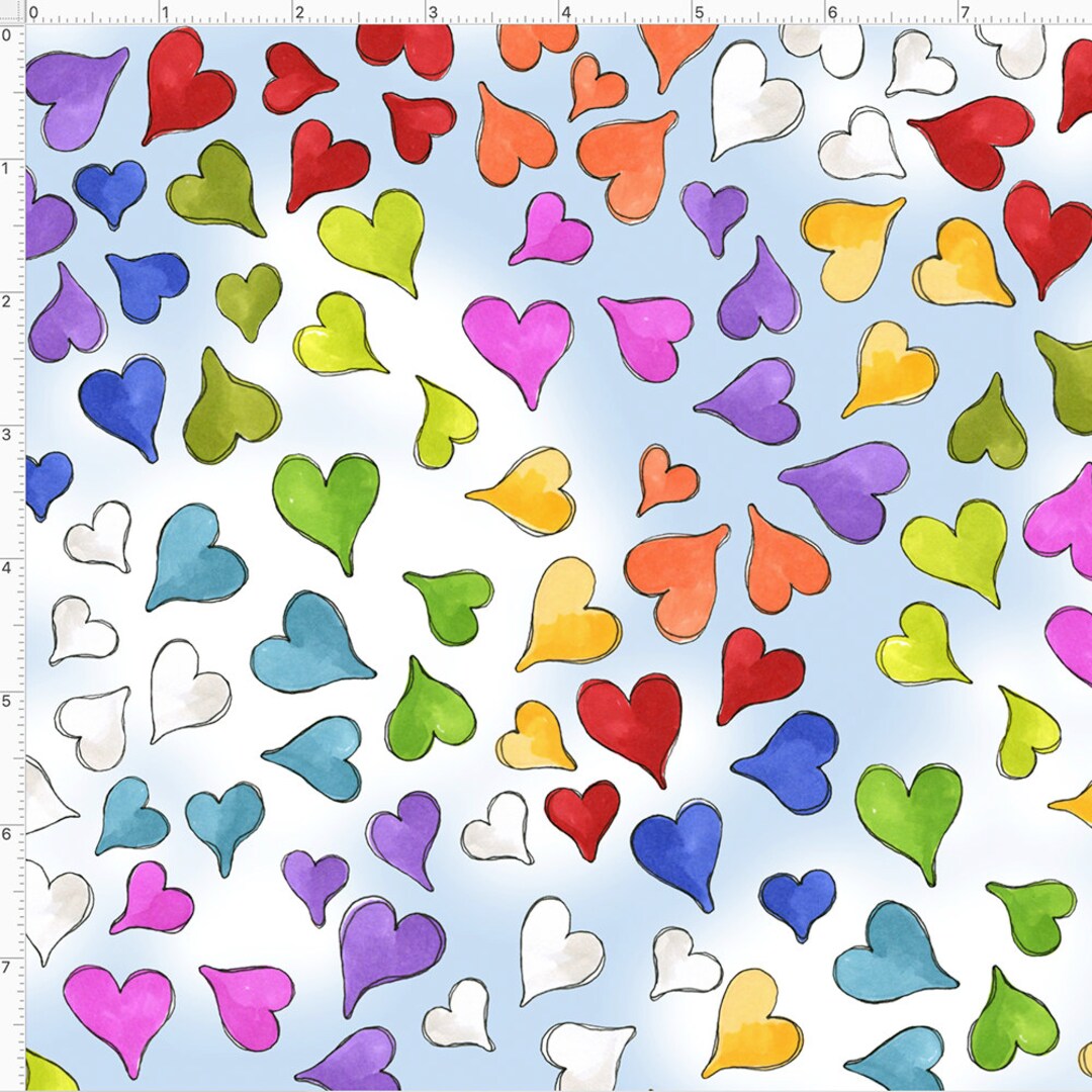 Loralie Designs Happy Hearts Blue Sky Fabric Light Blue Background With ...