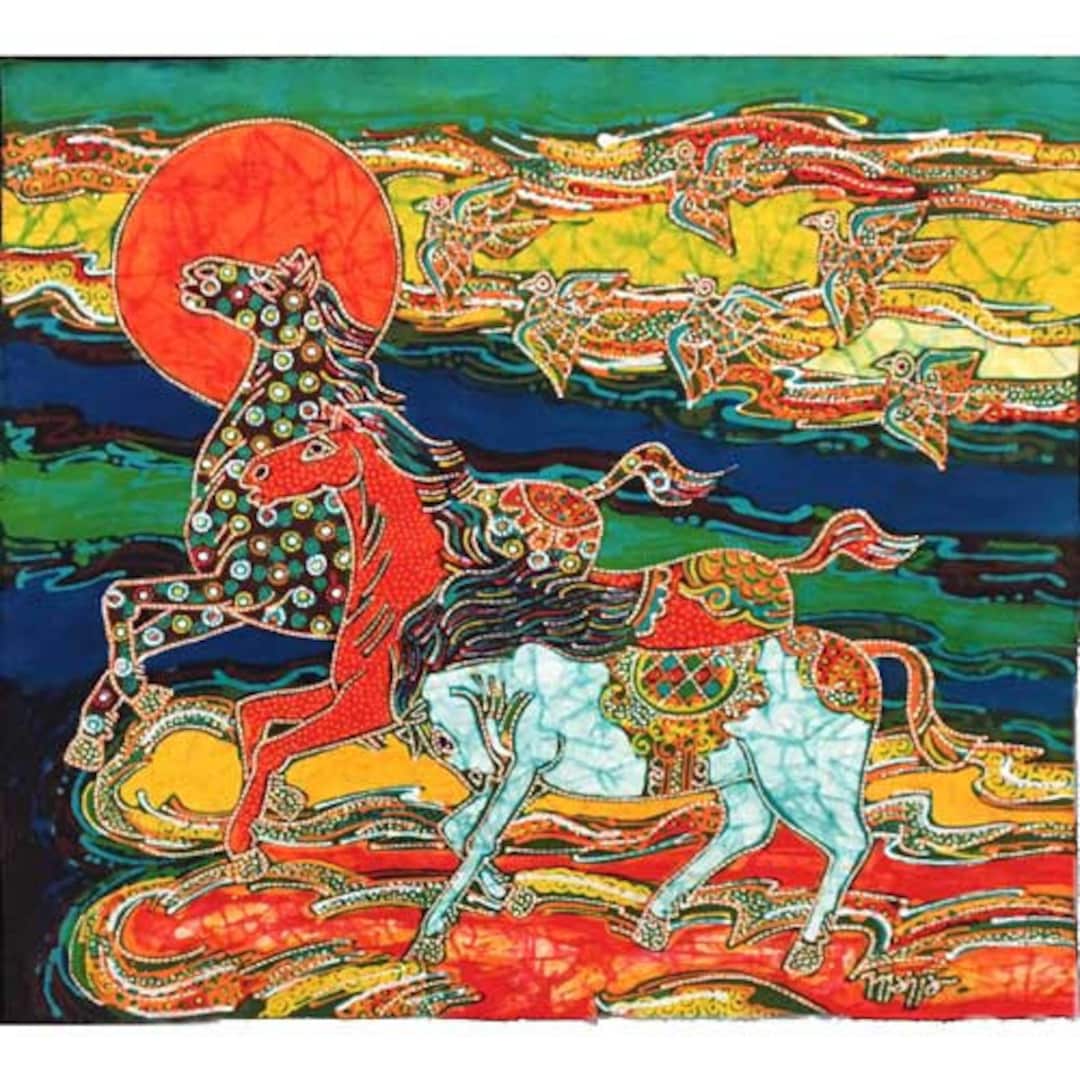 Indonesian Batik Fabric Panel by Mahyar, Three Horses Galloping (large ...