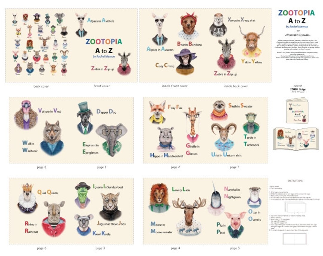 Elizabeth Studios A - Z Zootopia Soft Book Panel Cream Fabric Cotton by ...