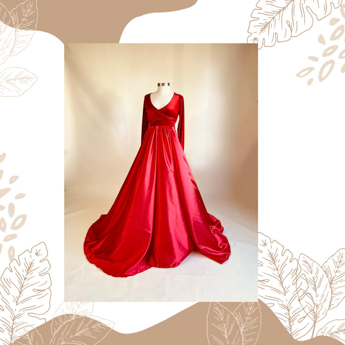 Red Satin Maternity Evening Gown Velvet Elopement Dress Etsy