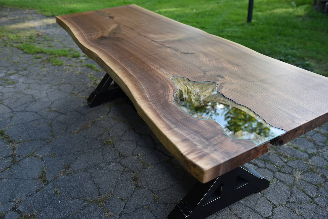 Live Edge Dining Table, Live Edge Walnut With Glass Inlay, Custom Live ...