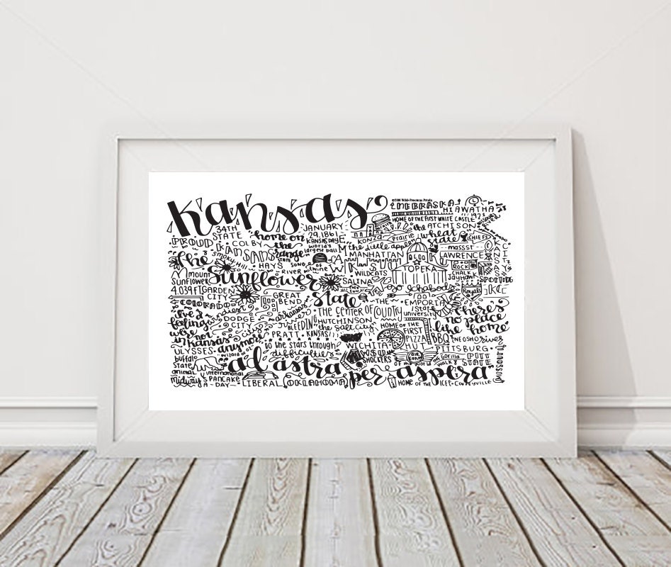 Kansas State Print Hand Lettered State Print KS State Print - Etsy