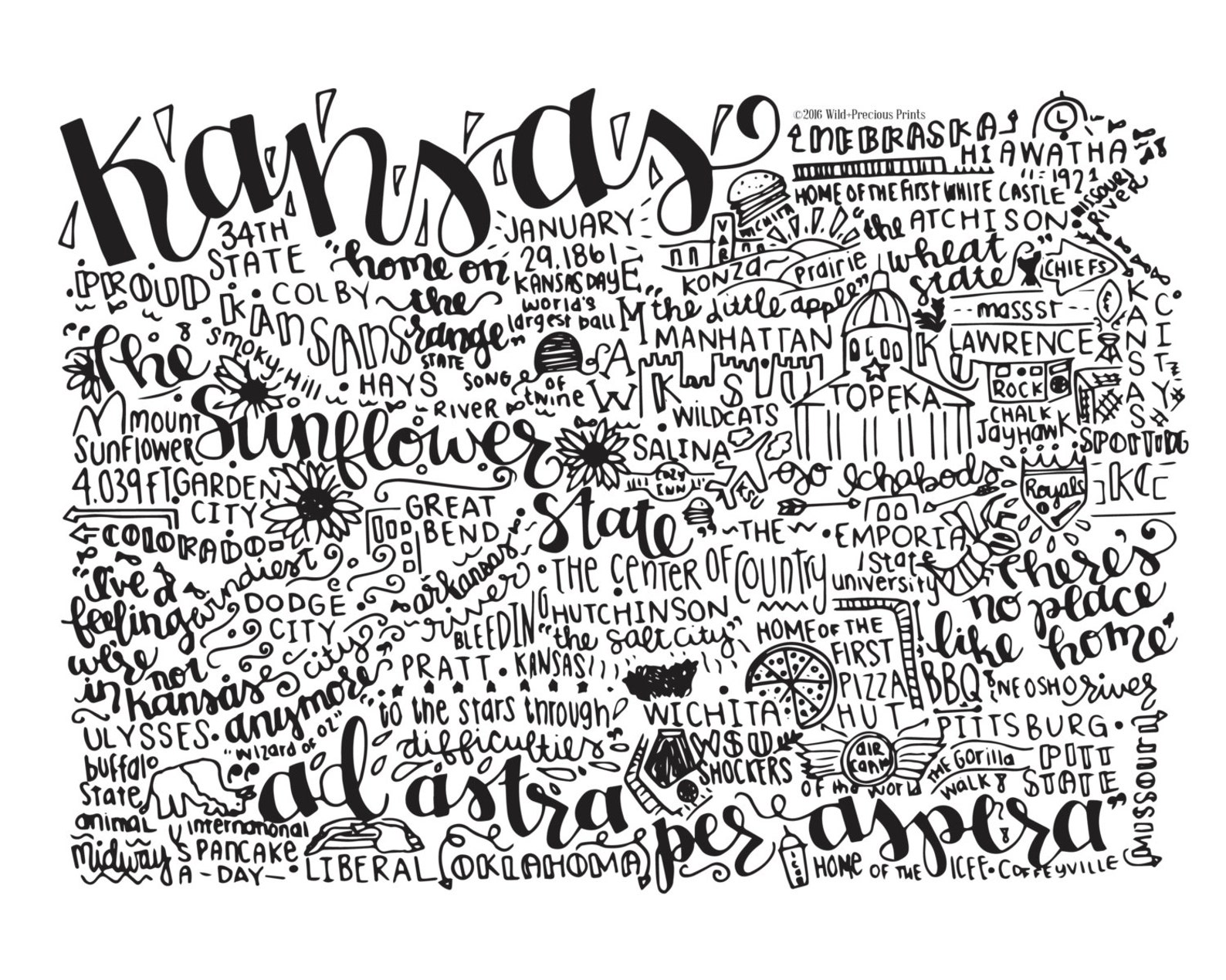 Kansas State Print Hand Lettered State Print KS State Print | Etsy