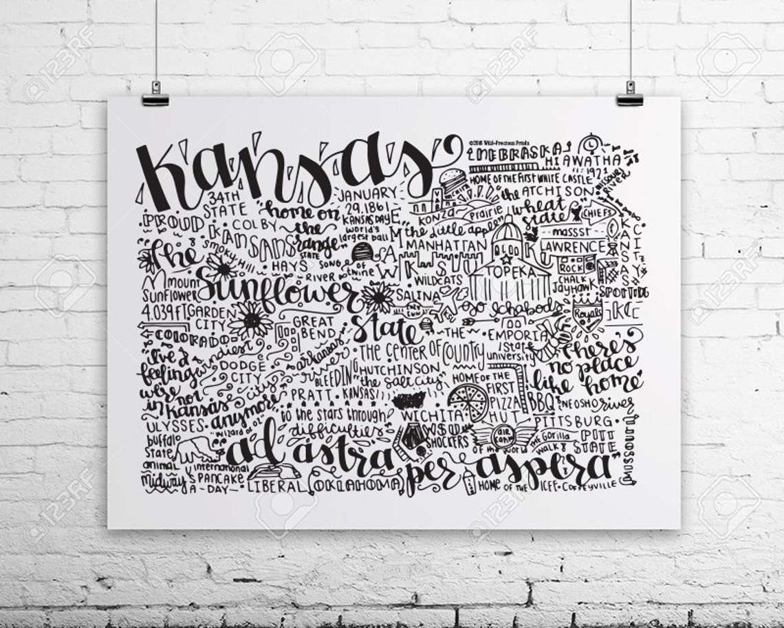 Kansas State Print Hand Lettered State Print KS State Print | Etsy