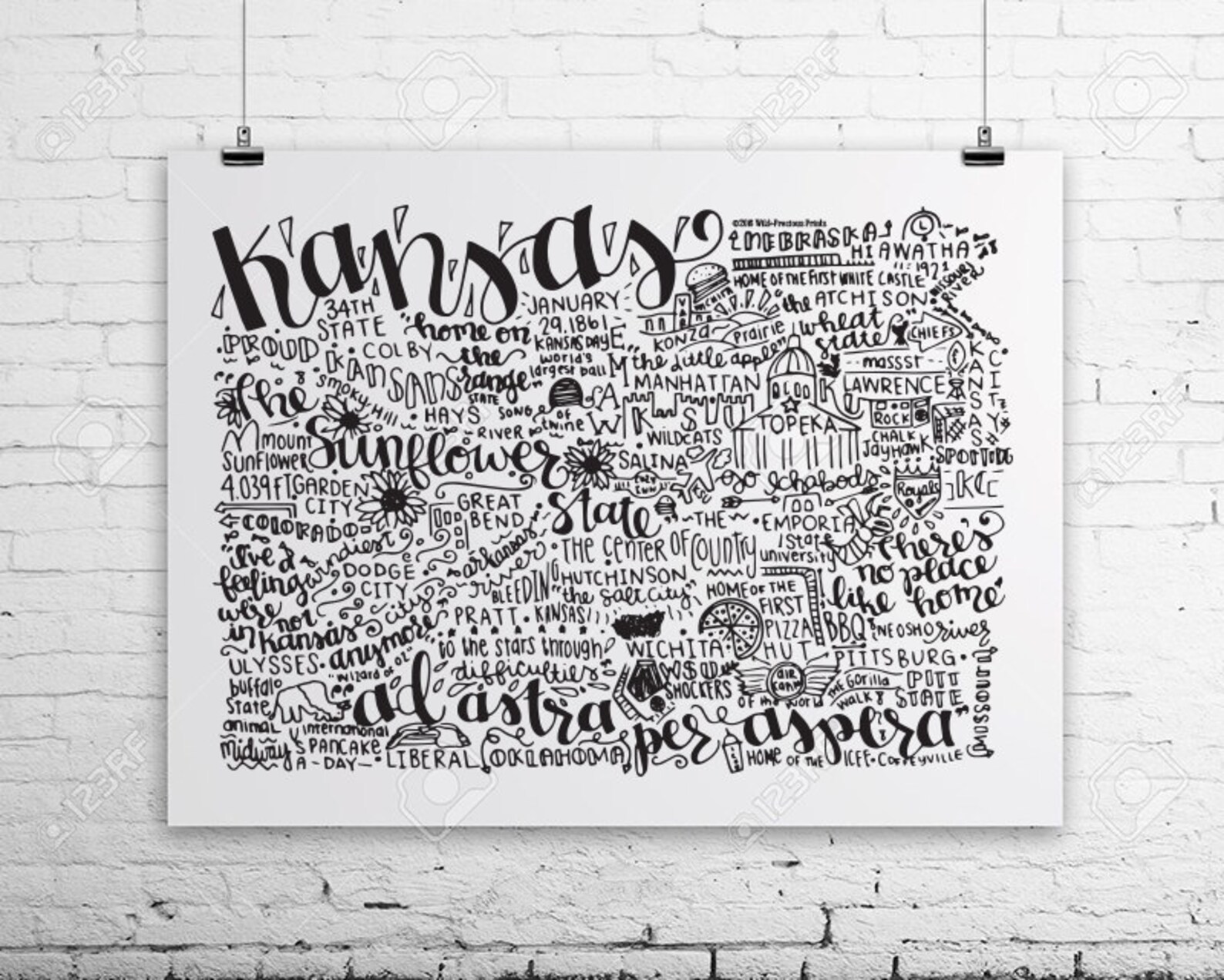 Kansas State Print Hand Lettered State Print KS State Print | Etsy