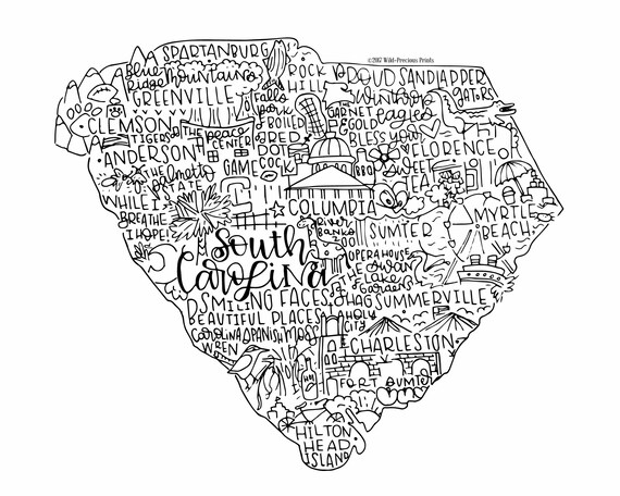 South Carolina Print South Carolina State Print Hand | Etsy