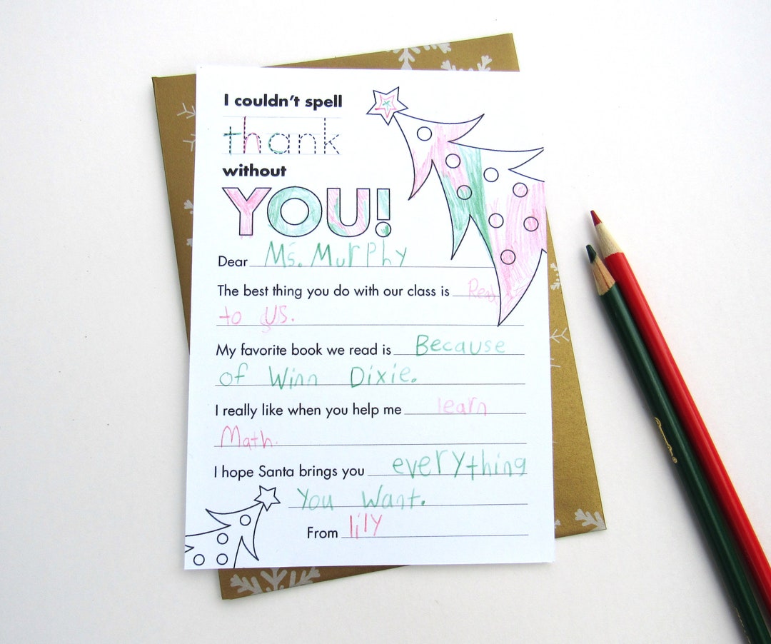 Christmas Teacher Card, Teacher Thank You Card, Printable Note, Fill in ...