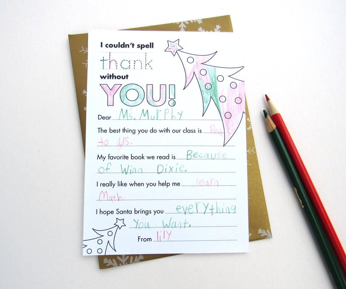 Christmas Teacher Card, Teacher Thank You Card, Printable Note, Fill in ...