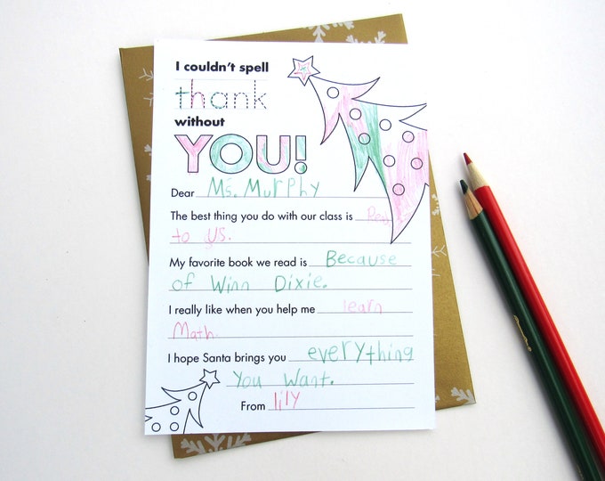 Christmas Teacher Card, Teacher Thank You Card, Printable Note, Fill in ...