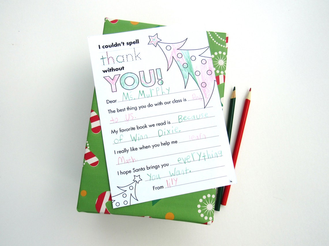Christmas Teacher Card, Teacher Thank You Card, Printable Note, Fill in ...