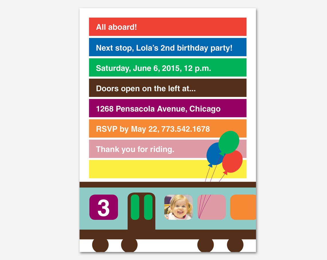 Chicago CTA Train Birthday Party Invitation, Train Birthday Party ...