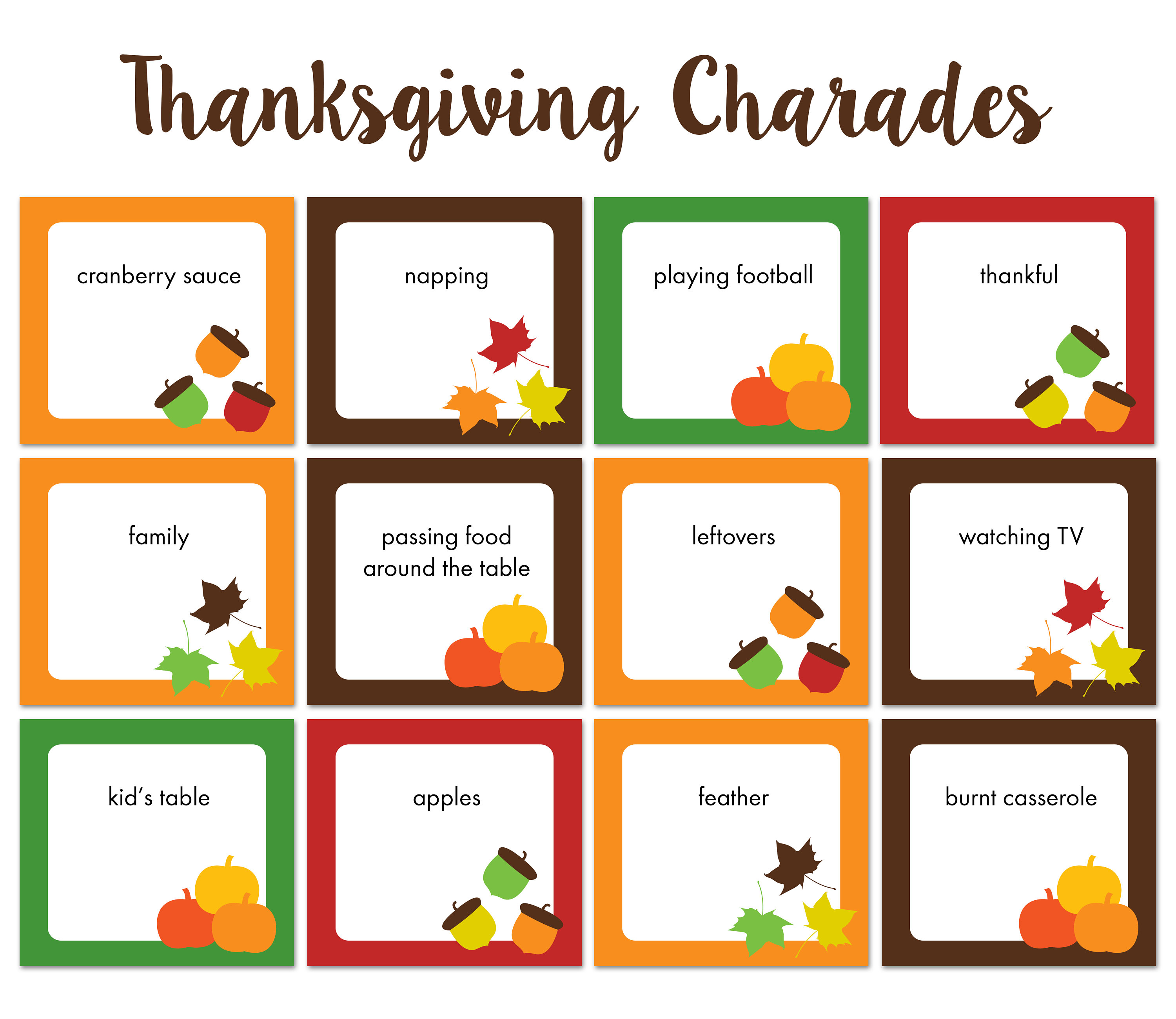 Thanksgiving Charades, for Kids, Thanksgiving Game, Printable Game ...