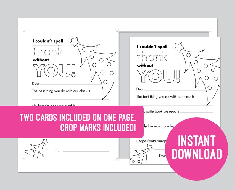 Christmas Teacher Card, Teacher Thank You Card, Printable Note, Fill in ...