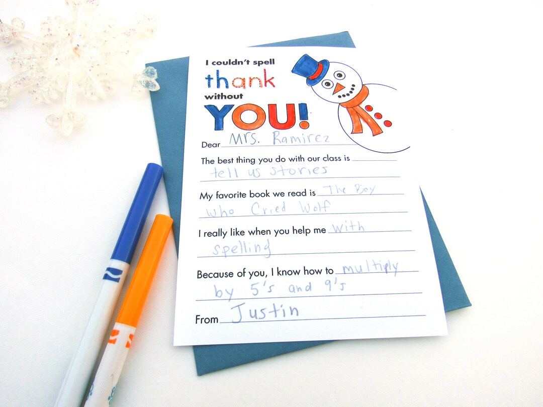 Teacher Winter Gift, Teacher Thank You Card, Printable Note, Fill in ...