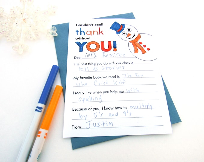 Christmas Teacher Card, Teacher Thank You Card, Printable Note, Fill in ...