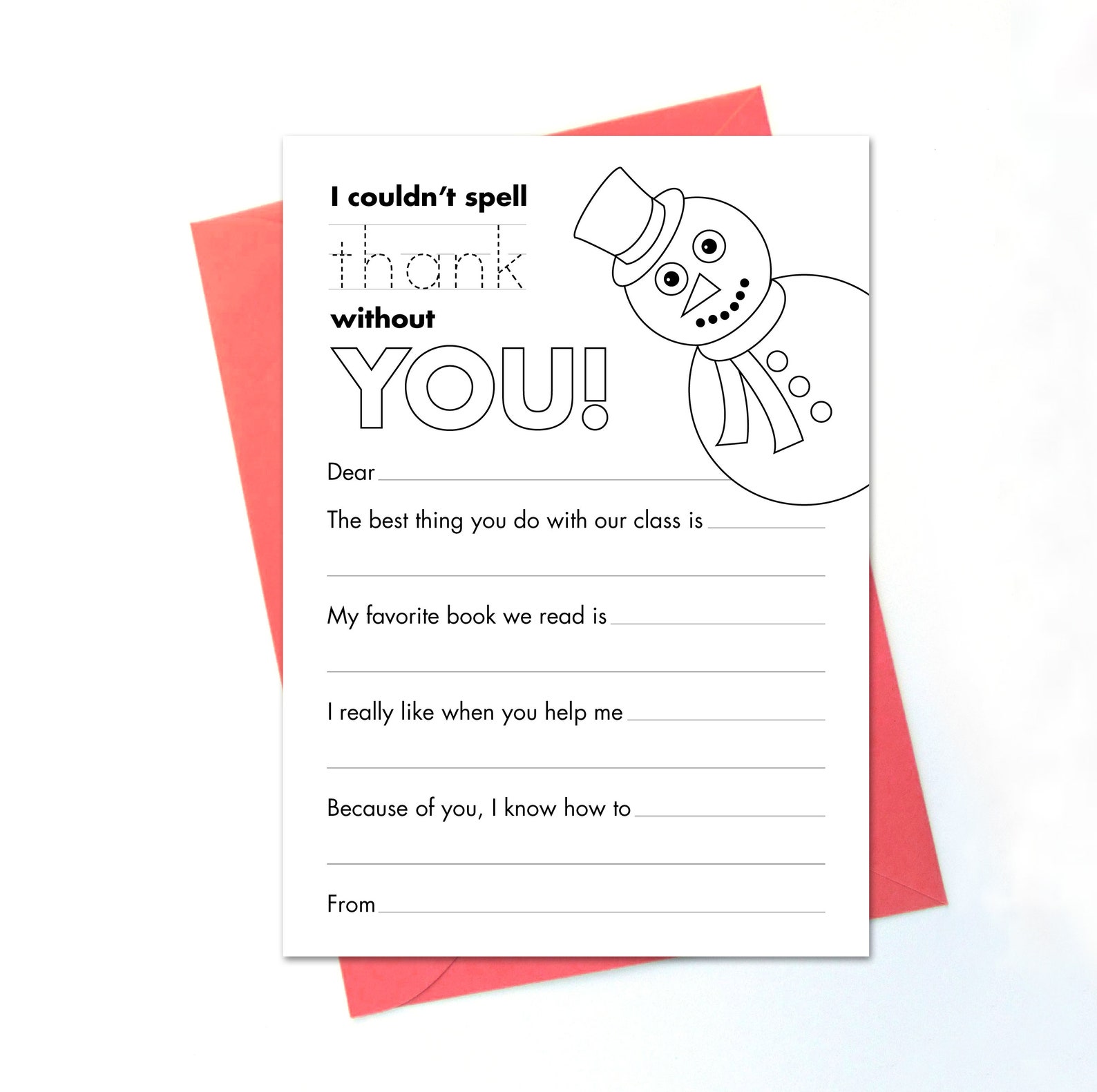 Teacher Winter Gift, Teacher Thank You Card, Printable Note, Fill in ...