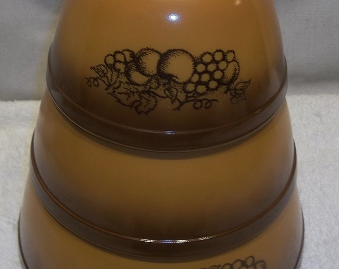 Vintage Pyrex Old Orchard Nesting Mixing Bowls Set Fruit Pattern Brown Gold Retro Kitchen Decor ...