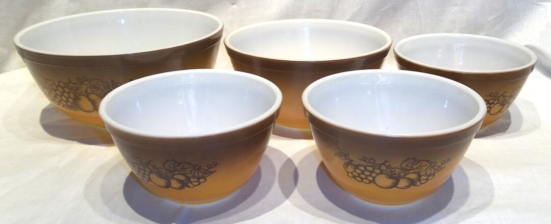 Vintage Pyrex Old Orchard Nesting Mixing Bowls Set Fruit Pattern Brown Gold Retro Kitchen Decor ...