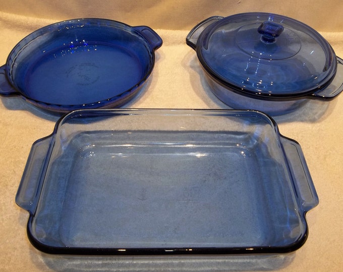 Vintage Anchor Hocking Cobalt Blue Glass Cookware Set Large Rectangle ...