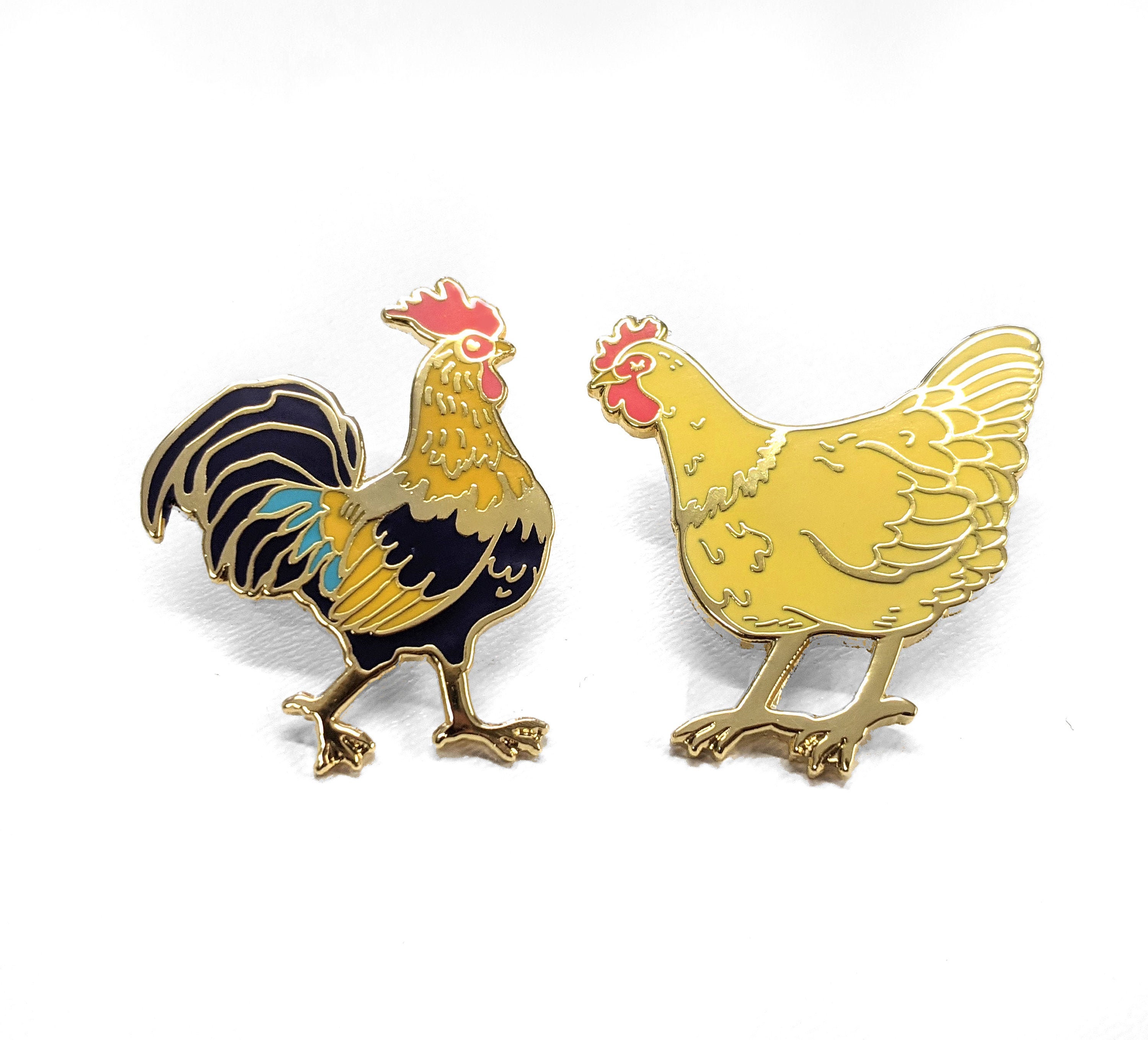Rooster & Chicken Pair 2 Hard Enamel Pins in Gold | Etsy