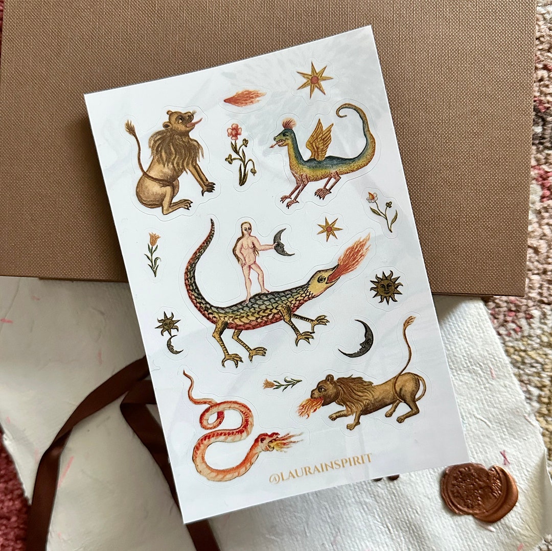 Sticker Sheet Medieval Animals Weird Funny Cringe Dragon Lion Fire ...