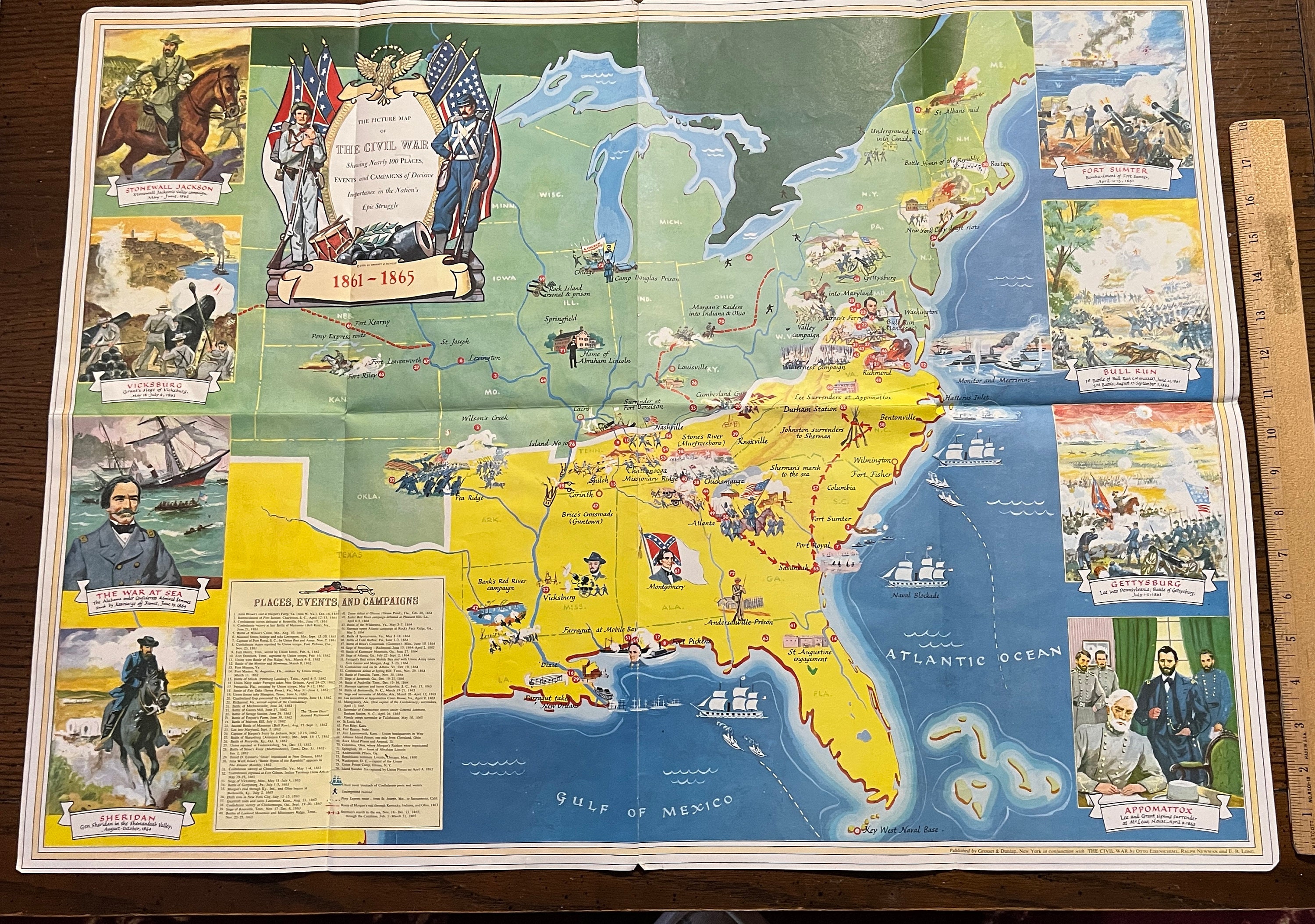 1956 Pictorial Map of Civil War History L Vintage Educational Wall ...