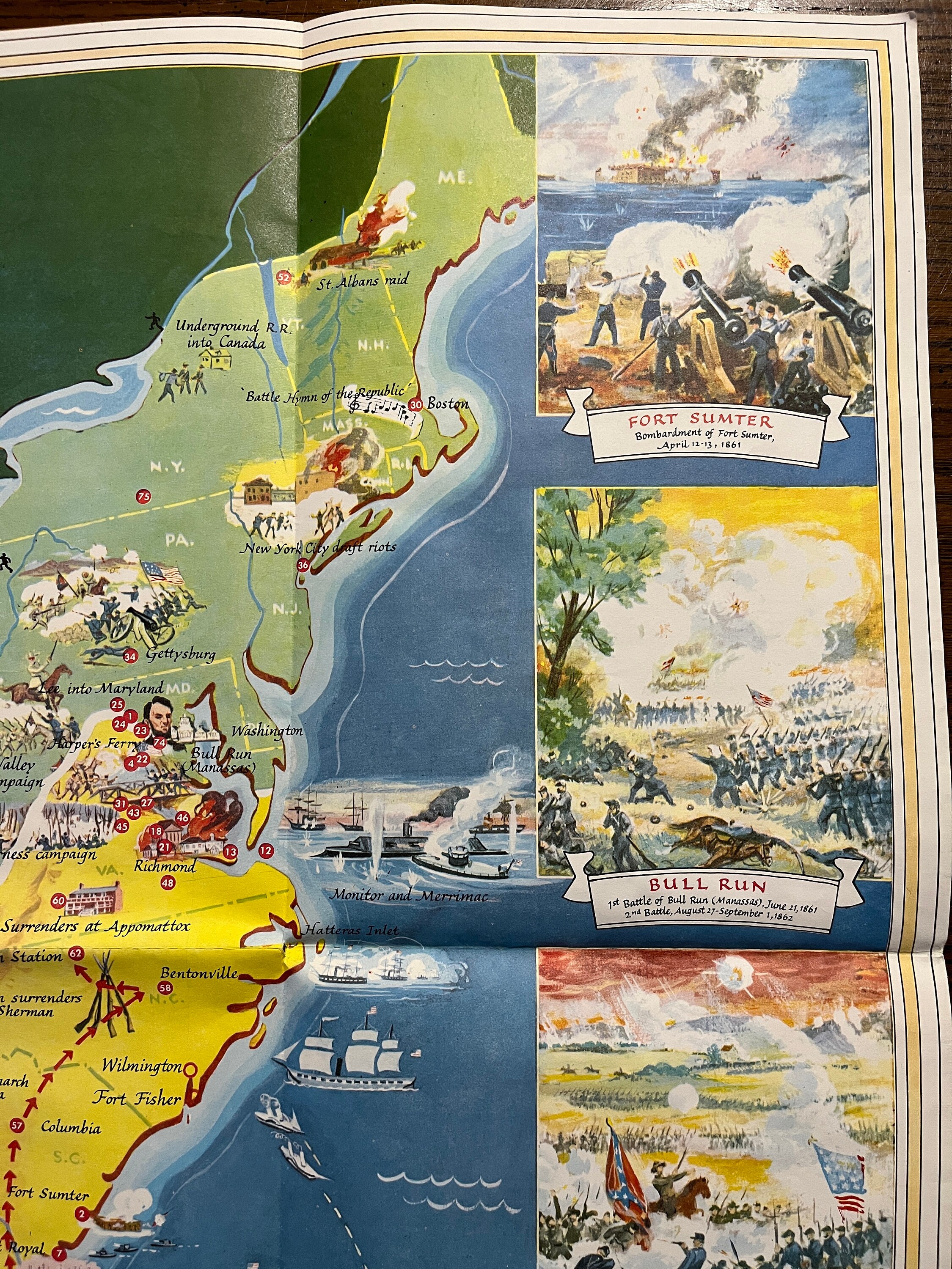 1956 Pictorial Map of Civil War History L Vintage Educational Wall ...