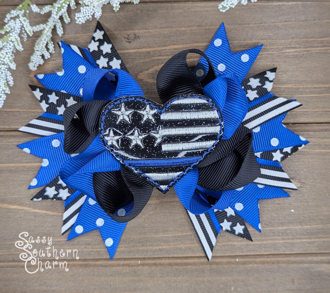 Thin Blue Line Bow, Police Hair Bow, Ribbon Bows, Police Support Bow ...