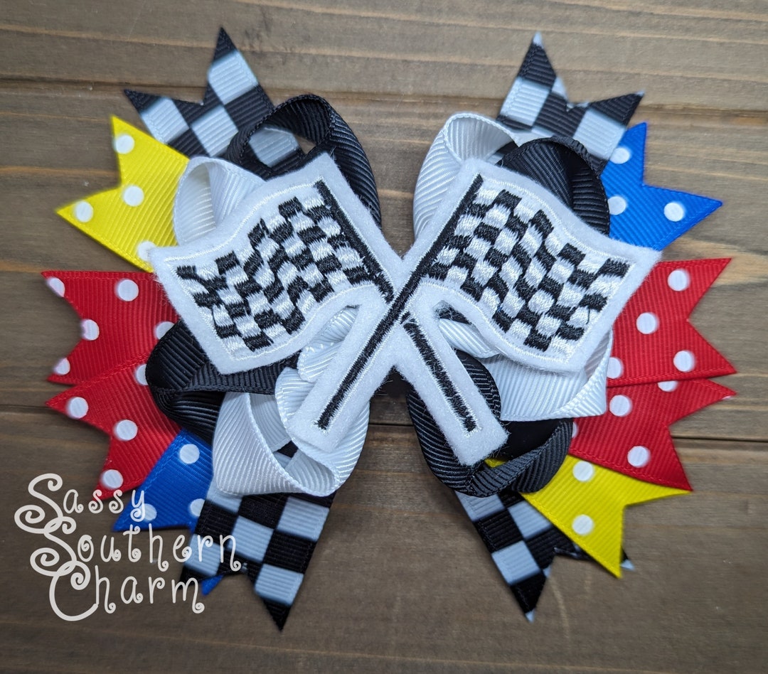Racing Hair Bow, Checkered Flag Bows, Car Racing Bow, Motorsports Bow ...