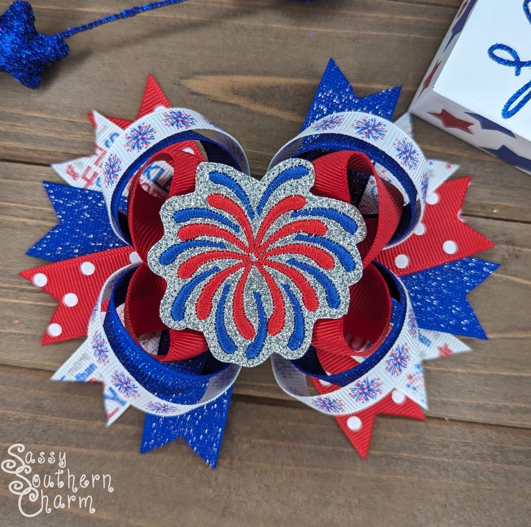 July 4th Hair Bow, Patriotic Bow, Fireworks Hair Bow, Red White and ...