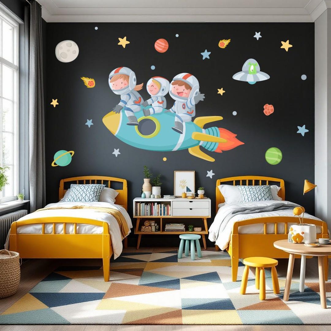 3 Children With Rocket Stickers - Fun Room Decor for Siblings, Space ...