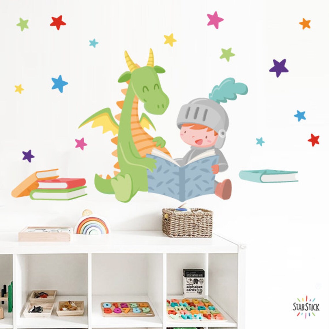 School Child Wall Decal Dragon and Knight Reading educational Wall ...