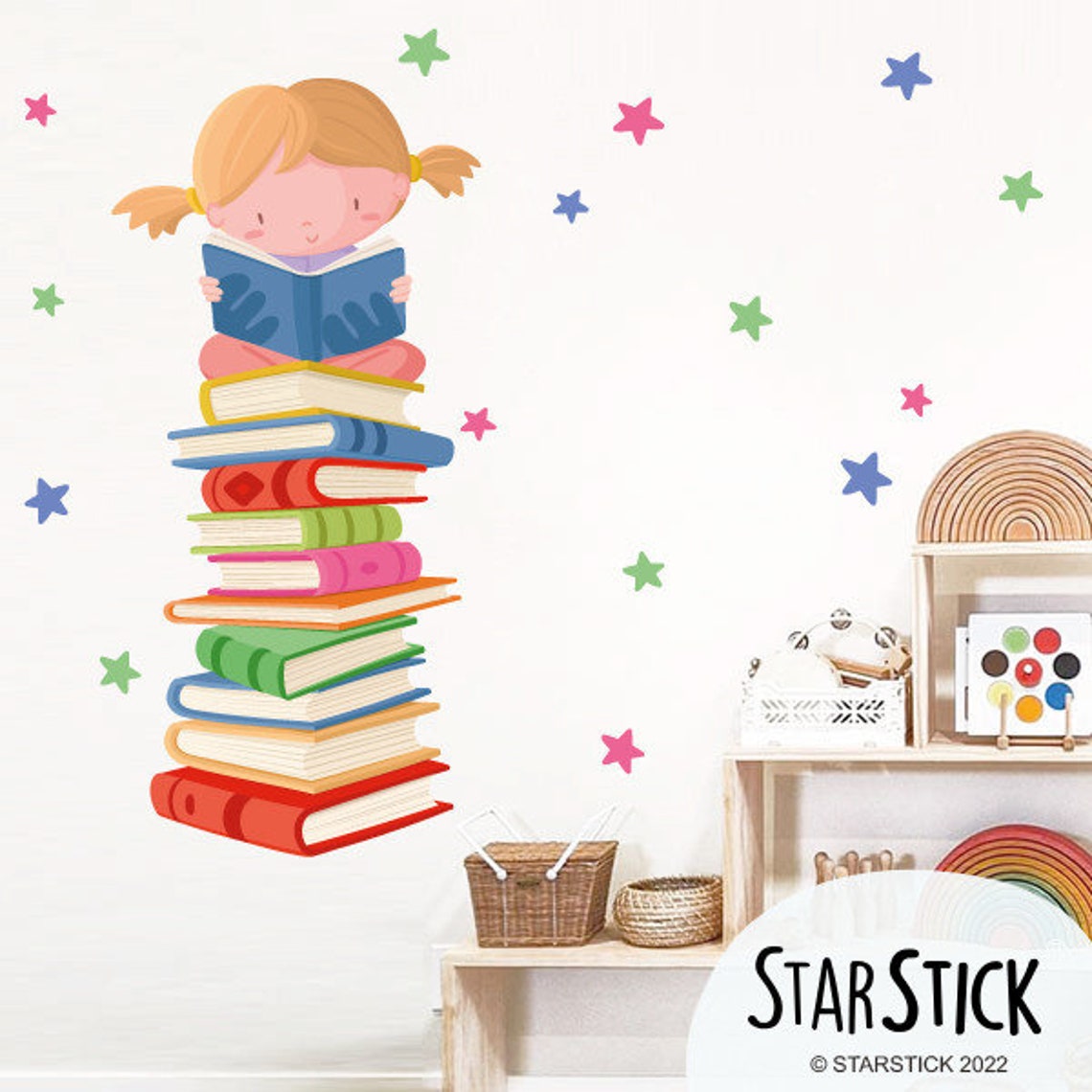 Wall Decals for Schools and Libraries - Blonde Girl Reading About Books ...