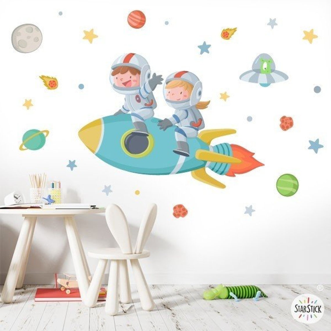 Boy and Girl With Rocket, Stickers for Decorating Shared Rooms - Etsy