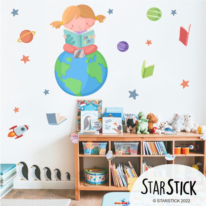 Wall Decals for Schools and Libraries: Girl Reading About Planet Earth ...