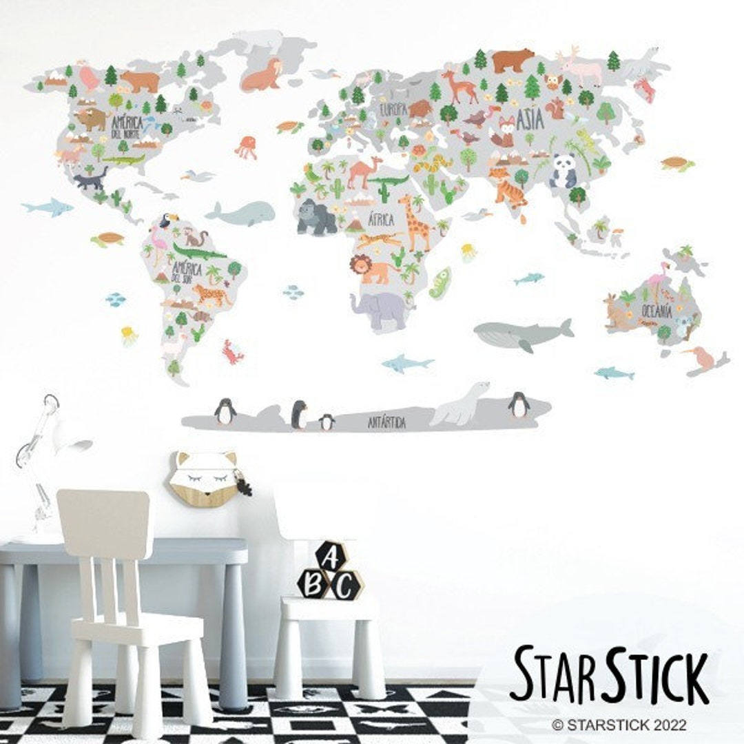 Animal World Map Decal, Map Decal, World Map Wall Mural, Children World ...