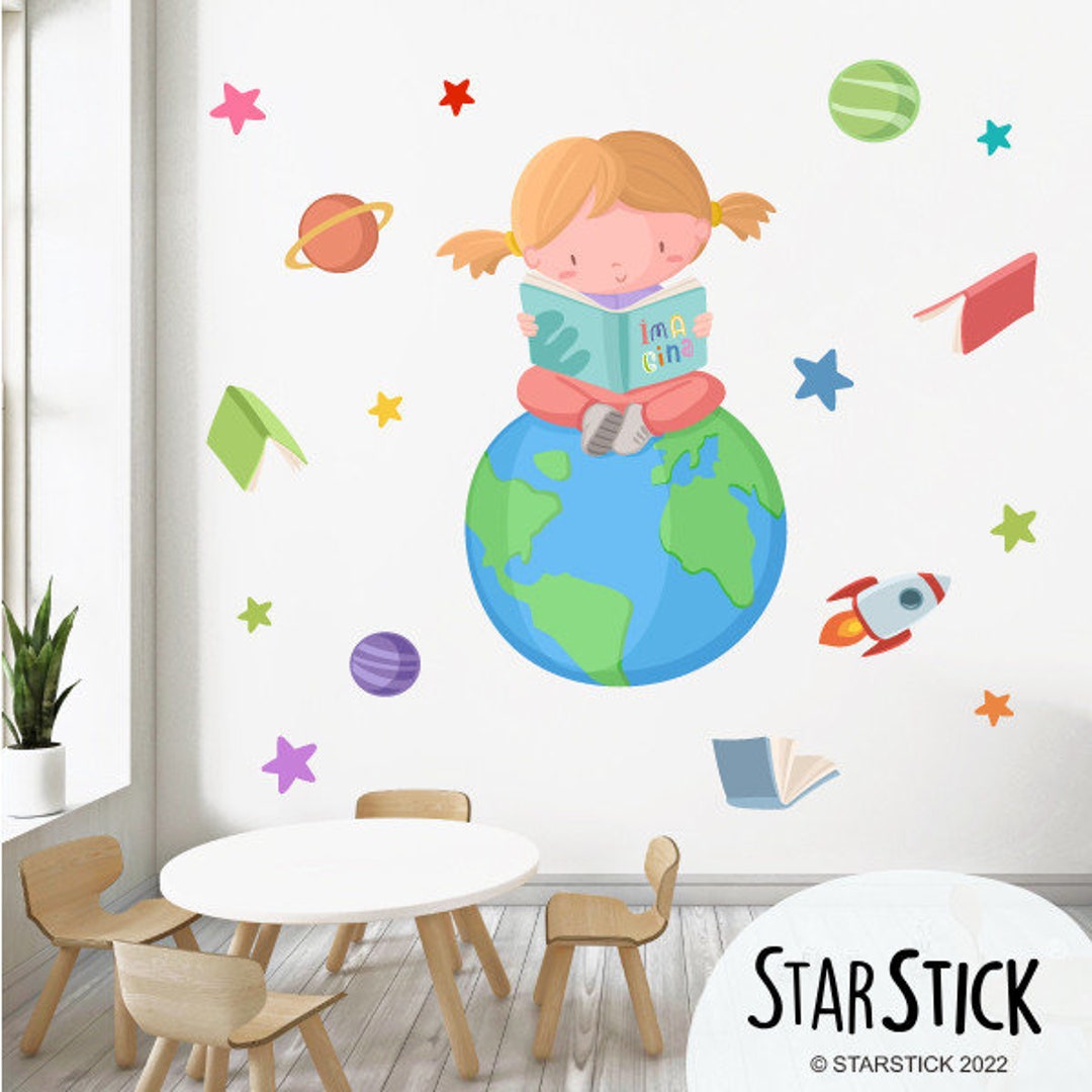 Wall Decals for Schools and Libraries Girl Reading About the Planet ...