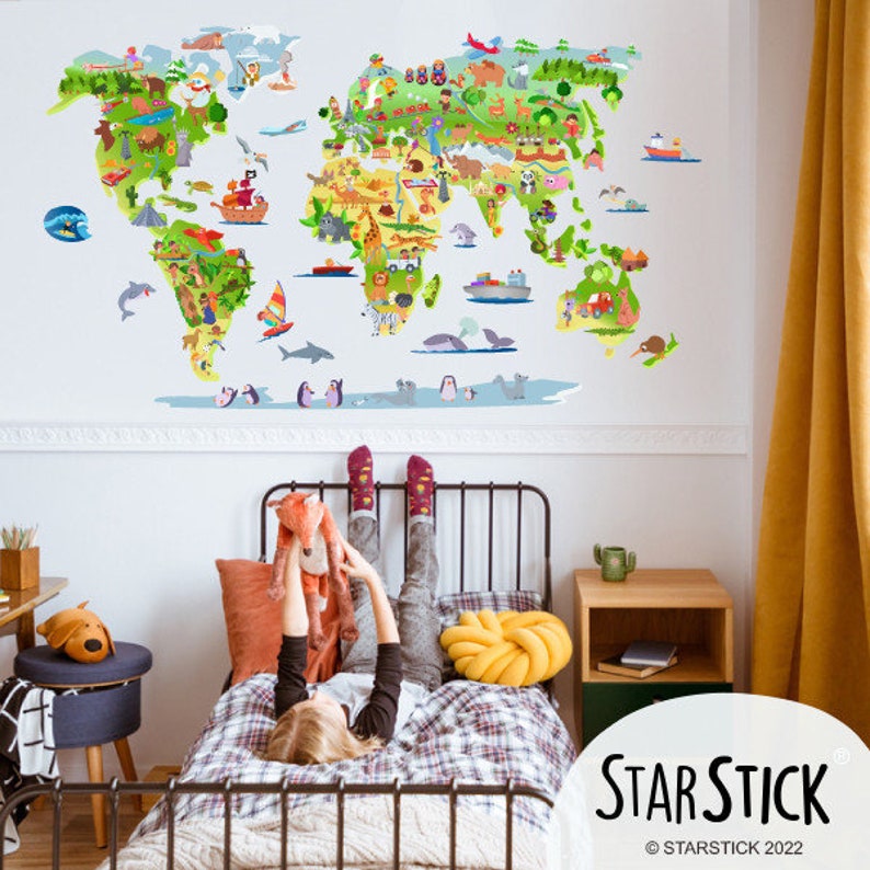 Childrens World Map With Drawings Wall Decals - Etsy