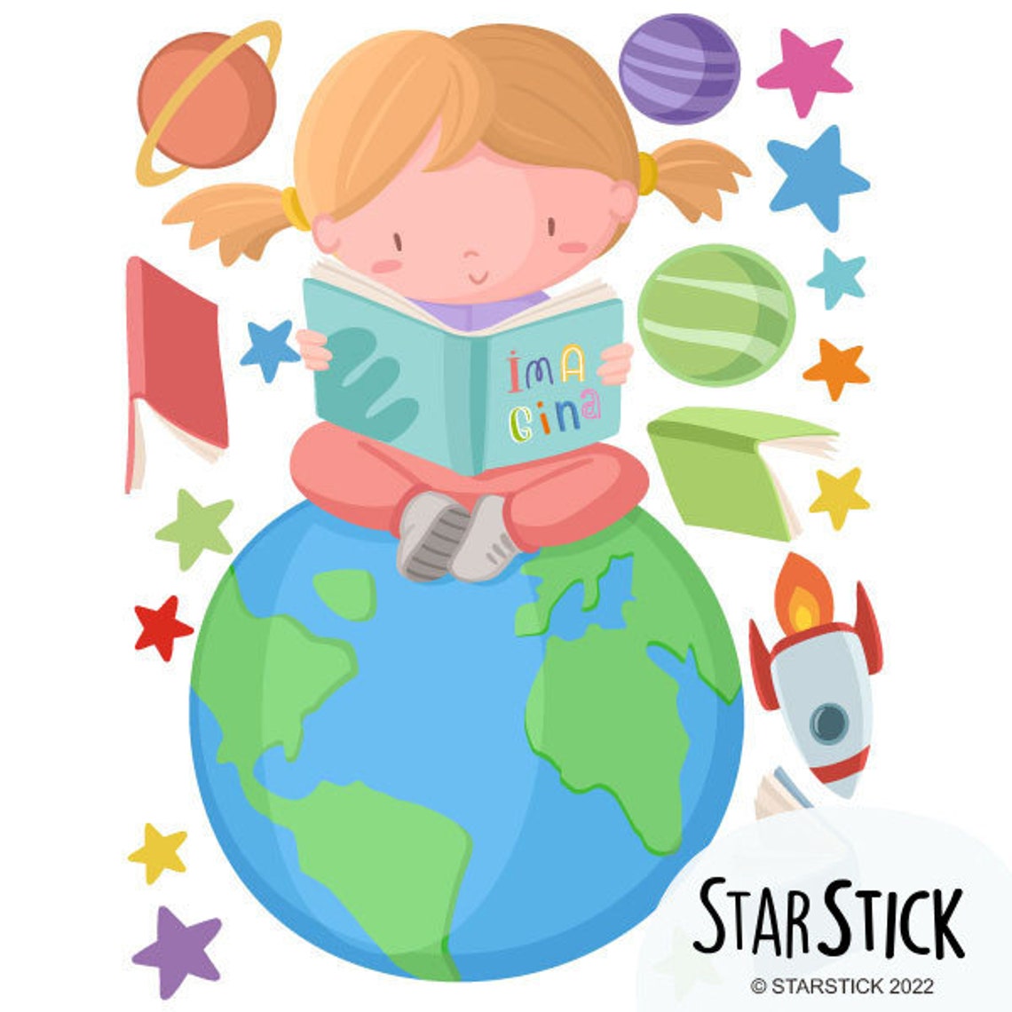 Wall Decals for Schools and Libraries Girl Reading About the Planet ...