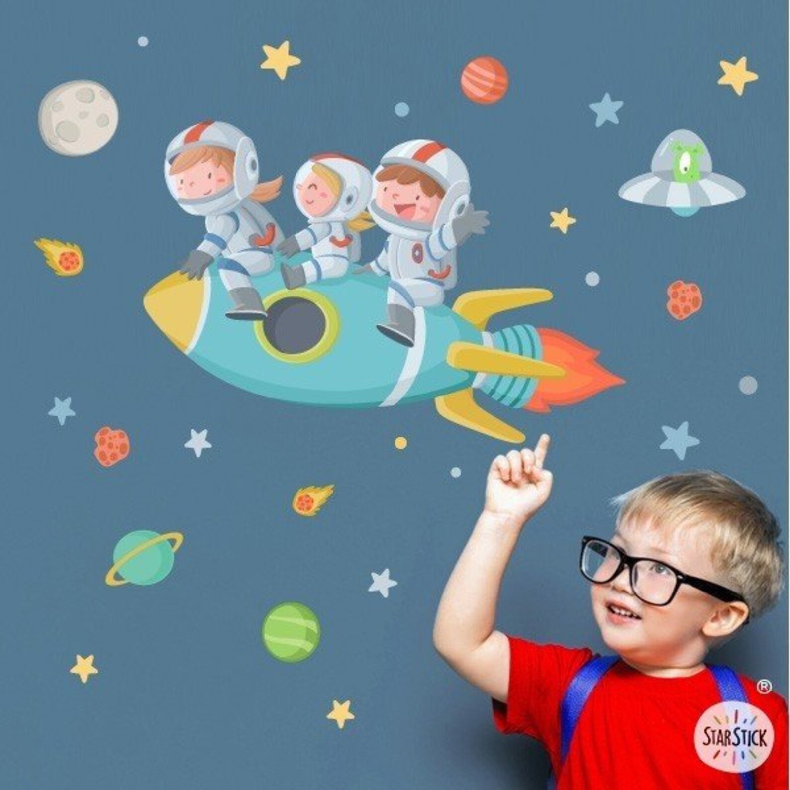 3 Children With Rocket Stickers - Fun Room Decor for Siblings, Space ...