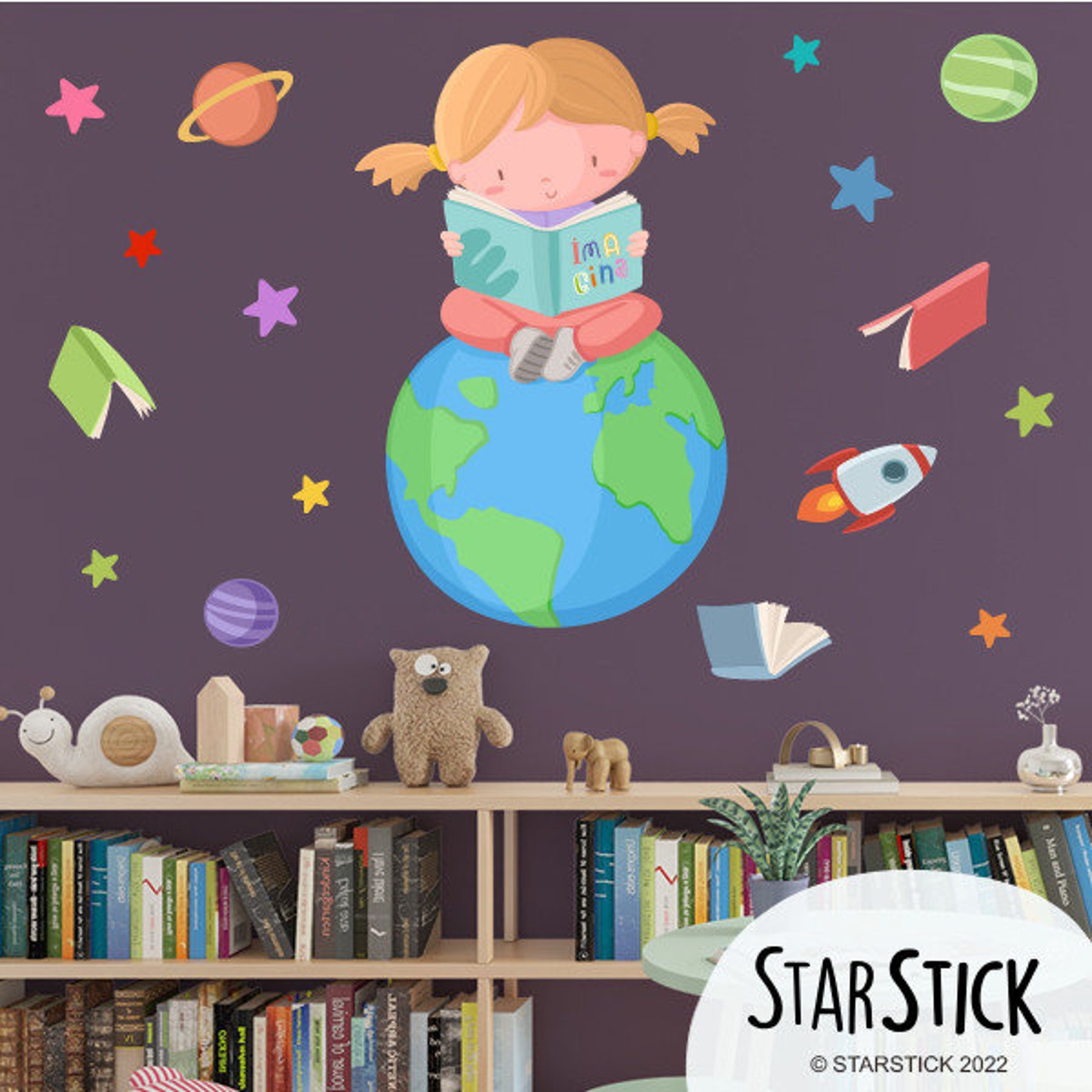 Wall Decals for Schools and Libraries Girl Reading About the Planet ...