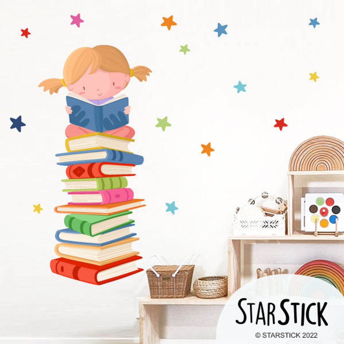 Wall Decals for Schools and Libraries - Blonde Girl Reading About Books ...
