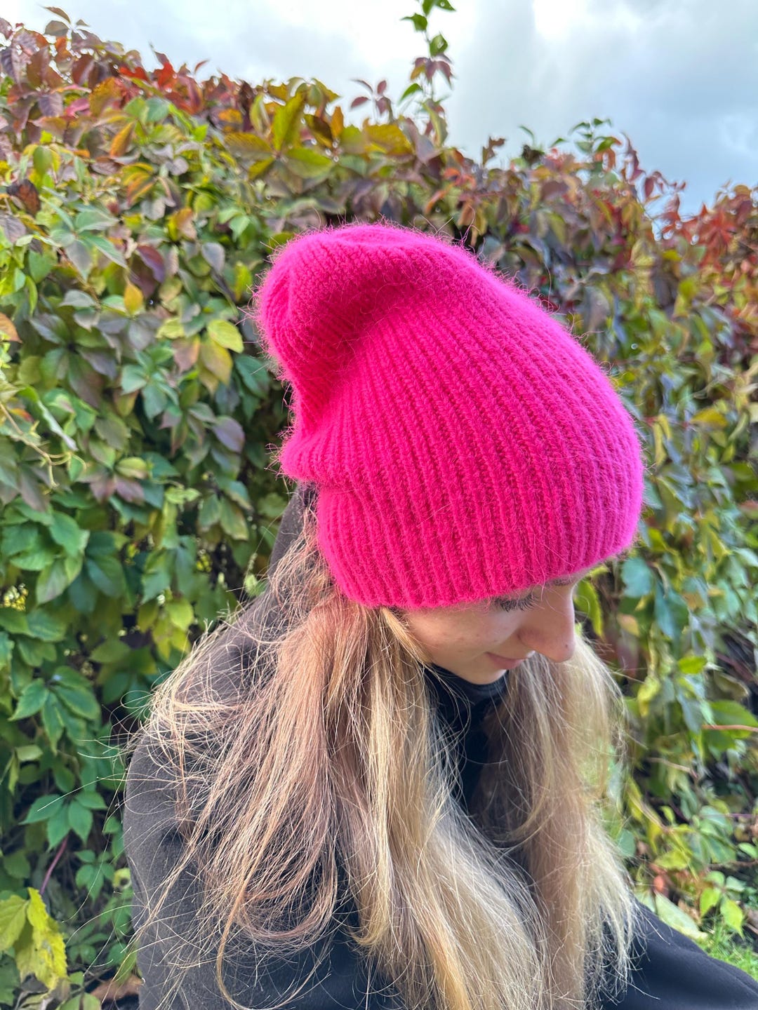 Fuchsia Pink Chunky Knit Beanie, Hot Pink Winter Hat for Women, Neon ...