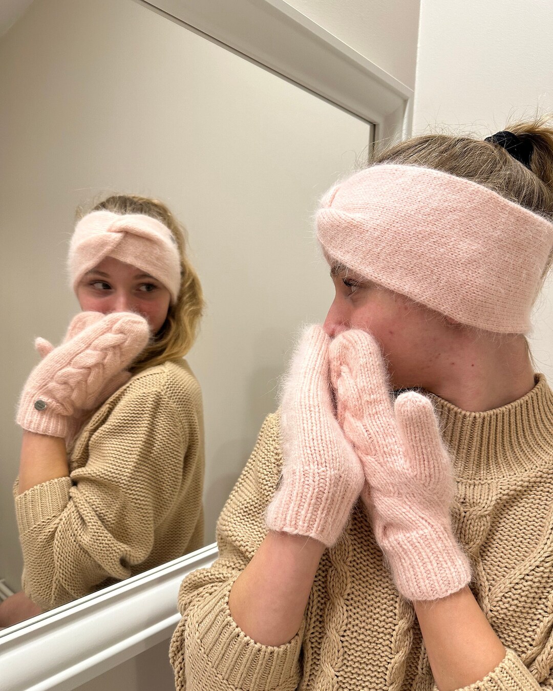 Pink Angora Headband Ear Warmer With Mittens for Women Girl, Warm ...