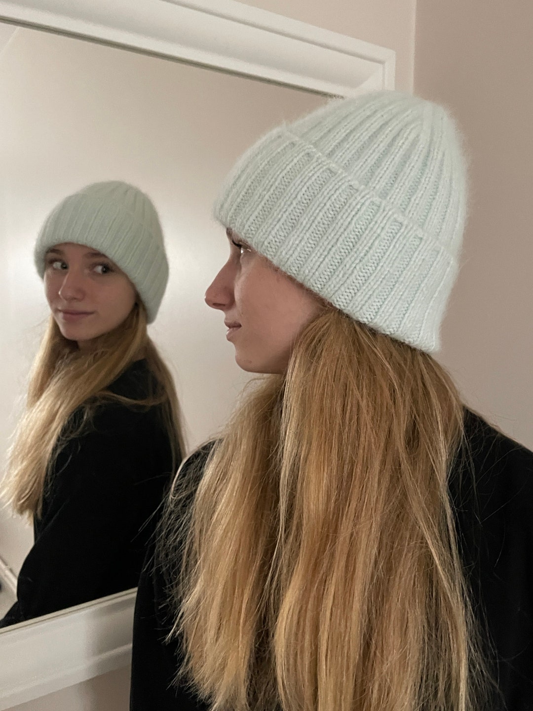 Light Blue Winter Angora Hat for Women, Warm Headwarmer, Women Beanie ...