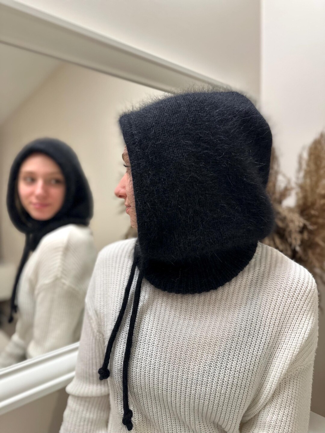 Hand-knitted Black Angora Hood, Balaclava, Soft and Warm Winter ...