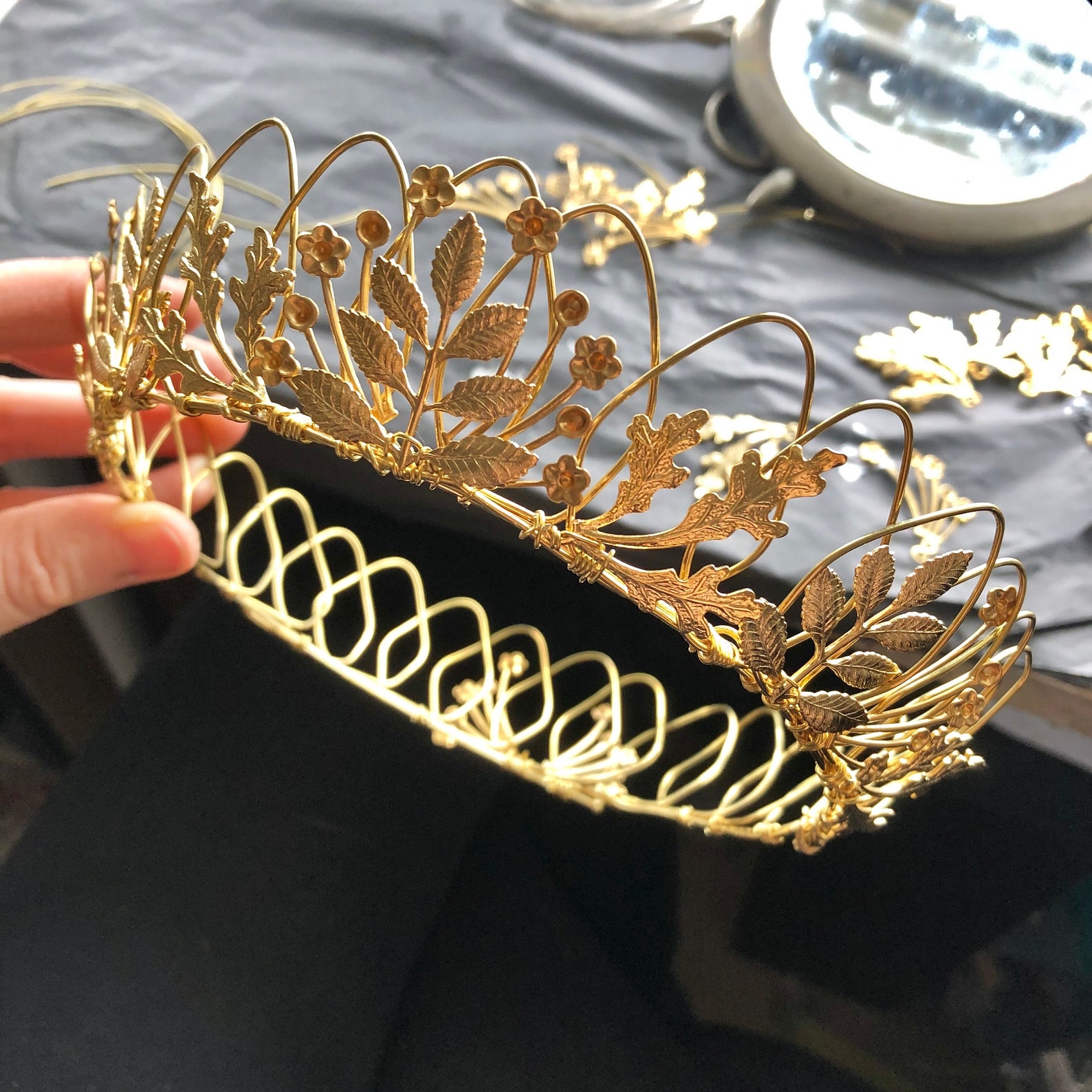 The FULL AGATHA Delicate Pearl Leaf Forest Gold Crown Renaissance ...