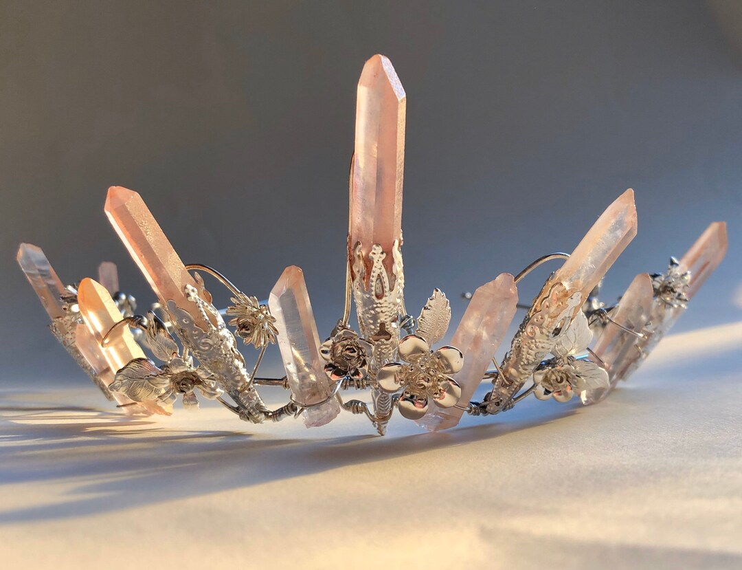 The ROSE CELESTE Floral Pink Hematite Quartz Crystal Crown Tiara Diadem ...